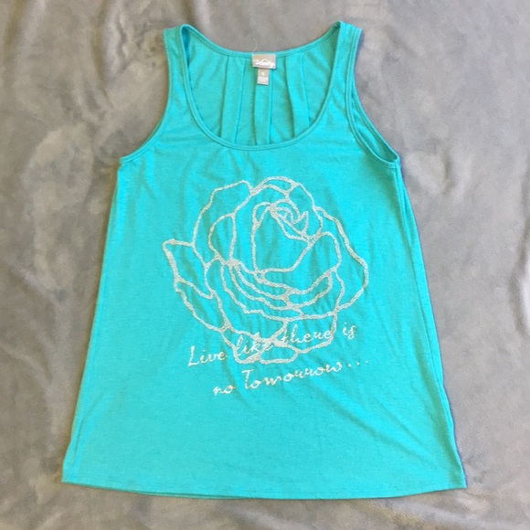 Vanity | Tops | Turquoise Tank Beaded Rose And Sparkly Letters | Poshmark